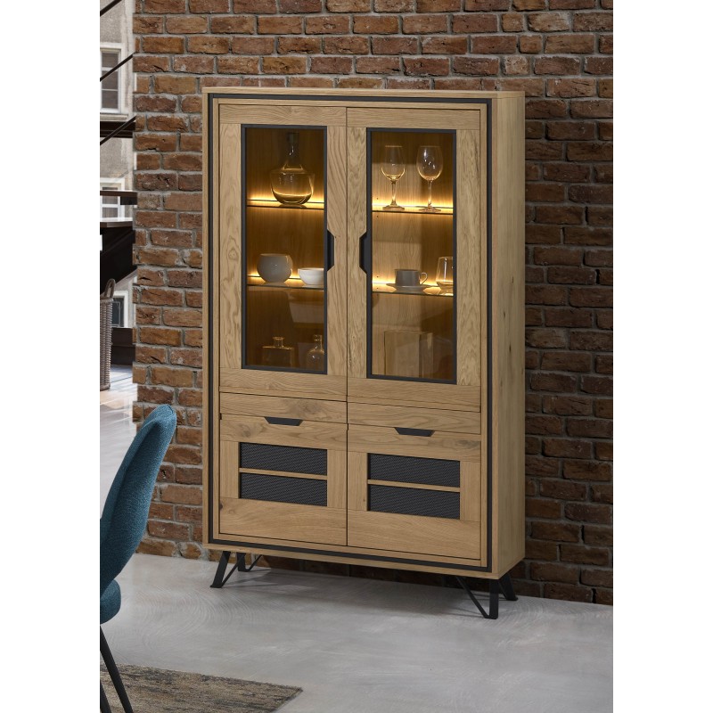 Vitrine chêne et métal perforé 4 portes avec éclairage